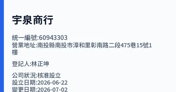 宇泉商行的照片-統編 60943303(南投縣) 公司登記資料與營業項目詳細圖表