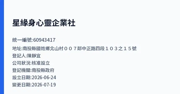 星緣身心靈企業社的照片-統編 60943417(南投縣) 公司登記資料與營業項目詳細圖表