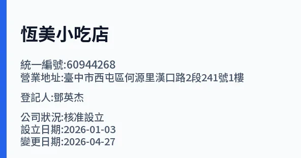 恆美小吃店的照片-統編 60944268(臺中市) 公司登記資料與營業項目詳細圖表