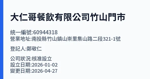 大仁哥餐飲有限公司竹山門市的照片-統編 60944318(南投縣) 公司登記資料與營業項目詳細圖表