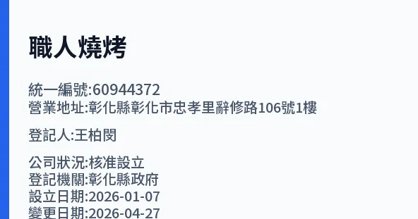 職人燒烤的照片-統編 60944372(彰化縣) 公司登記資料與營業項目詳細圖表