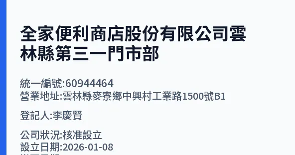 全家便利商店股份有限公司雲林縣第三一門市部的照片-統編 60944464(雲林縣) 公司登記資料與營業項目詳細圖表