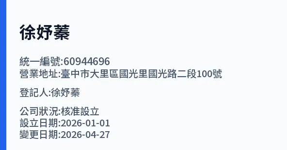 徐妤蓁的照片-統編 60944696(臺中市) 公司登記資料與營業項目詳細圖表
