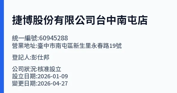 捷博股份有限公司台中南屯店的照片-統編 60945288(臺中市) 公司登記資料與營業項目詳細圖表