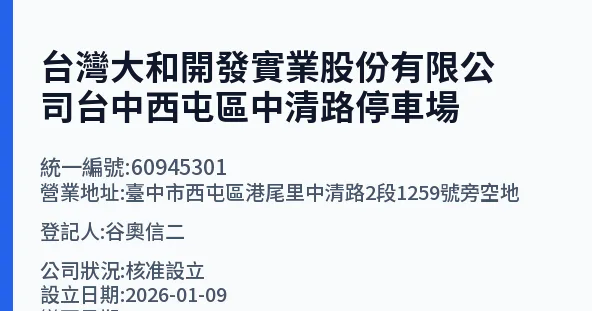 台灣大和開發實業股份有限公司台中西屯區中清路停車場的照片-統編 60945301(臺中市) 公司登記資料與營業項目詳細圖表