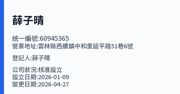 薛子晴的照片-統編 60945365(雲林縣) 公司登記資料與營業項目詳細圖表
