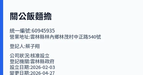 關公飯麵擔的照片-統編 60945935(雲林縣) 公司登記資料與營業項目詳細圖表