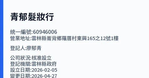 青郁髮妝行的照片-統編 60946006(雲林縣) 公司登記資料與營業項目詳細圖表