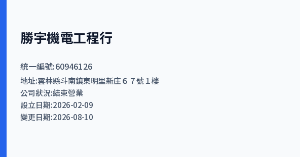 勝宇機電工程行的照片-統編 60946126 公司登記資料與營業項目詳細圖表