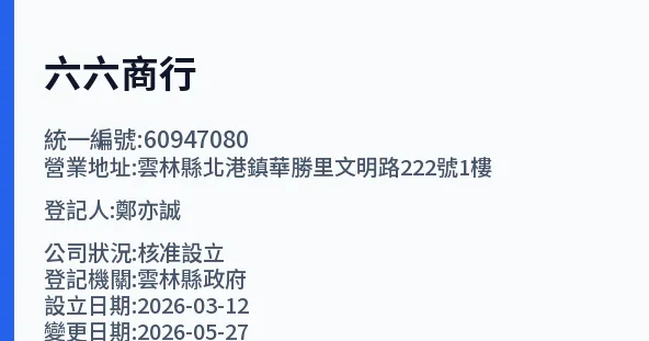 六六商行的照片-統編 60947080(雲林縣) 公司登記資料與營業項目詳細圖表