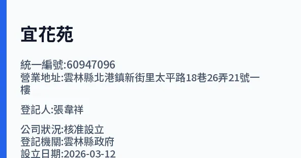 宜花苑的照片-統編 60947096(雲林縣) 公司登記資料與營業項目詳細圖表