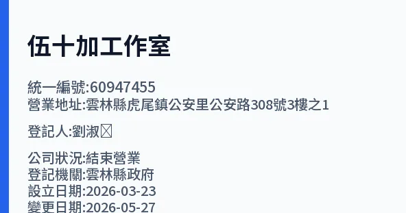 伍十加工作室的照片-統編 60947455 公司登記資料與營業項目詳細圖表