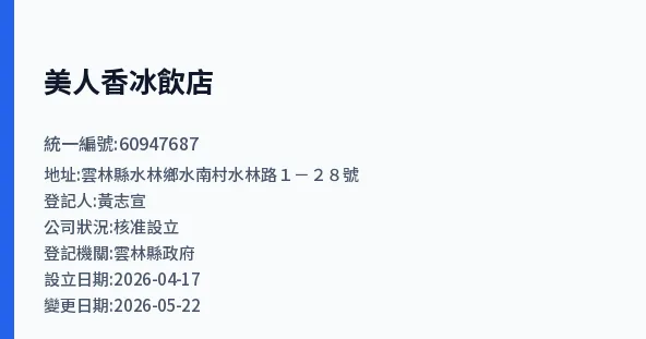 美人香冰飲店的照片-統編 60947687(雲林縣) 公司登記資料與營業項目詳細圖表