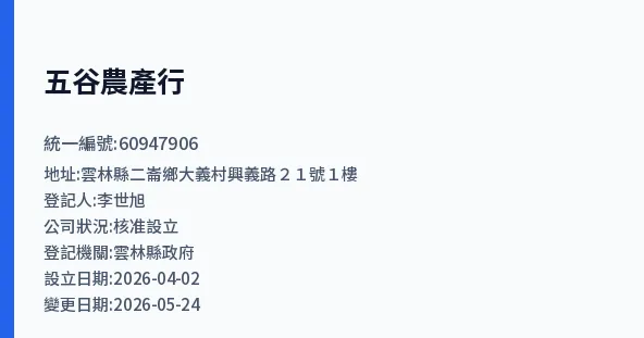 五谷農產行的照片-統編 60947906(雲林縣) 公司登記資料與營業項目詳細圖表