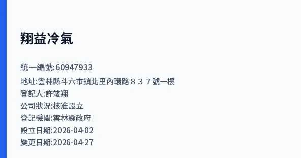 翔益冷氣的照片-統編 60947933(雲林縣) 公司登記資料與營業項目詳細圖表