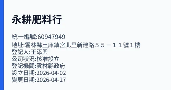 永耕肥料行的照片-統編 60947949(雲林縣) 公司登記資料與營業項目詳細圖表