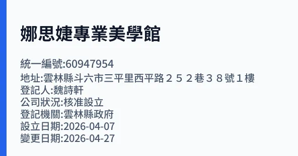 娜思婕專業美學館的照片-統編 60947954(雲林縣) 公司登記資料與營業項目詳細圖表
