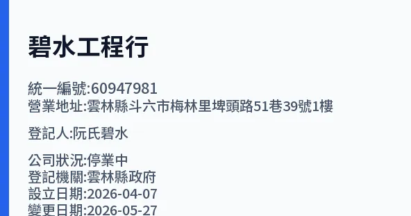 碧水工程行的照片-統編 60947981(雲林縣) 公司登記資料與營業項目詳細圖表