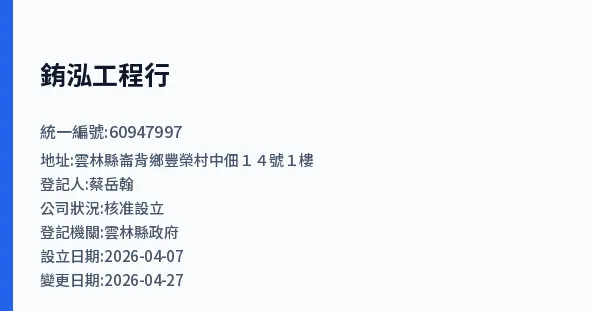 銪泓工程行的照片-統編 60947997(雲林縣) 公司登記資料與營業項目詳細圖表