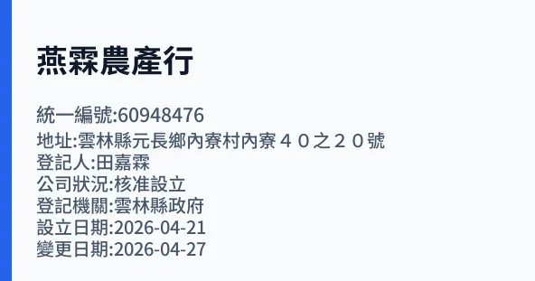 燕霖農產行的照片-統編 60948476(雲林縣) 公司登記資料與營業項目詳細圖表