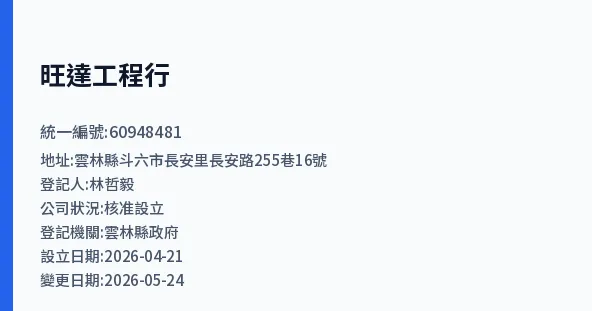 旺達工程行的照片-統編 60948481(雲林縣) 公司登記資料與營業項目詳細圖表