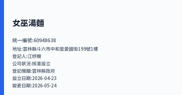 女巫湯麵的照片-統編 60948638(雲林縣) 公司登記資料與營業項目詳細圖表