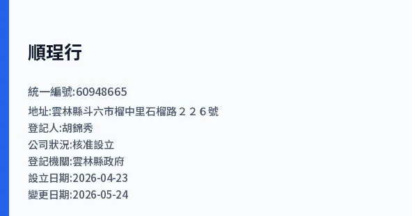 順珵行的照片-統編 60948665(雲林縣) 公司登記資料與營業項目詳細圖表