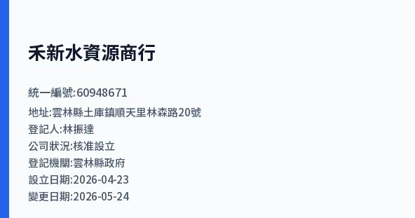 禾新水資源商行的照片-統編 60948671(雲林縣) 公司登記資料與營業項目詳細圖表