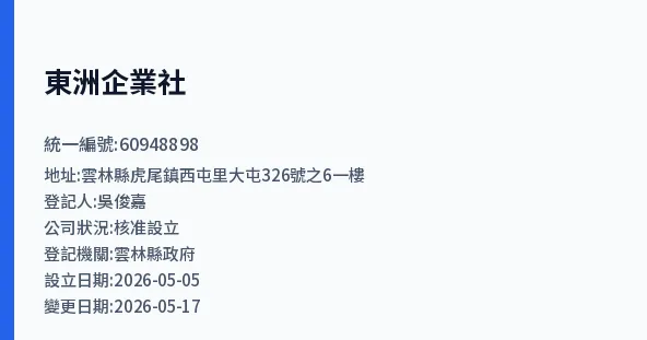 東洲企業社的照片-統編 60948898(雲林縣) 公司登記資料與營業項目詳細圖表