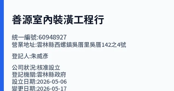 善源室內裝潢工程行的照片-統編 60948927(雲林縣) 公司登記資料與營業項目詳細圖表