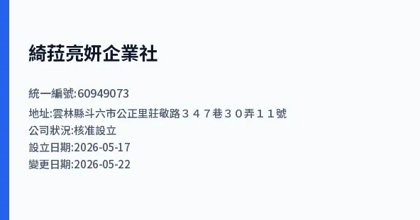 綺菈亮妍企業社的照片-統編 60949073(雲林縣) 公司登記資料與營業項目詳細圖表