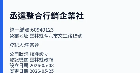 丞達整合行銷企業社的照片-統編 60949123(雲林縣) 公司登記資料與營業項目詳細圖表