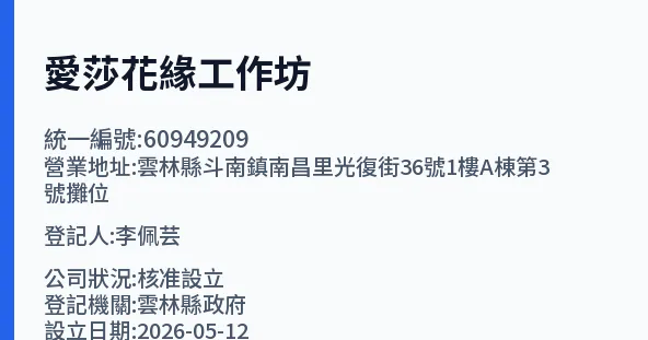 愛莎花緣工作坊的照片-統編 60949209(雲林縣) 公司登記資料與營業項目詳細圖表