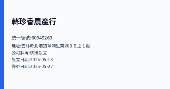 蒜珍香農產行的照片-統編 60949263(雲林縣) 公司登記資料與營業項目詳細圖表