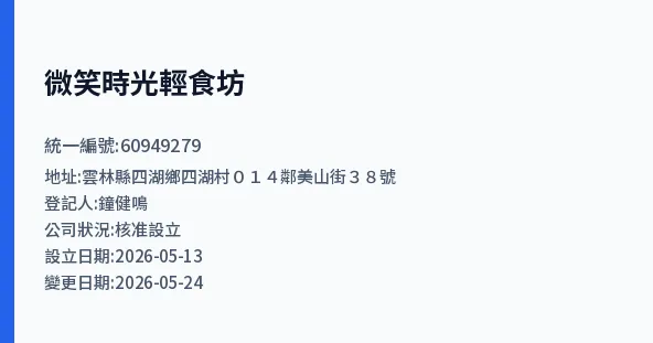 微笑時光輕食坊的照片-統編 60949279(雲林縣) 公司登記資料與營業項目詳細圖表