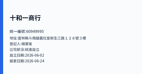 十和一商行的照片-統編 60949995(雲林縣) 公司登記資料與營業項目詳細圖表