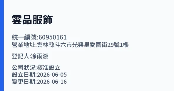 雲品服飾的照片-統編 60950161(雲林縣) 公司登記資料與營業項目詳細圖表