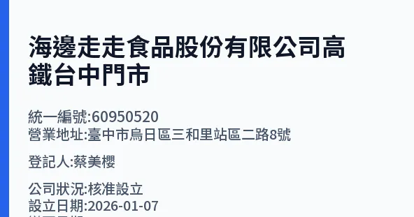 海邊走走食品股份有限公司高鐵台中門市的照片-統編 60950520(臺中市) 公司登記資料與營業項目詳細圖表