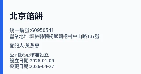 北京餡餅的照片-統編 60950541(雲林縣) 公司登記資料與營業項目詳細圖表