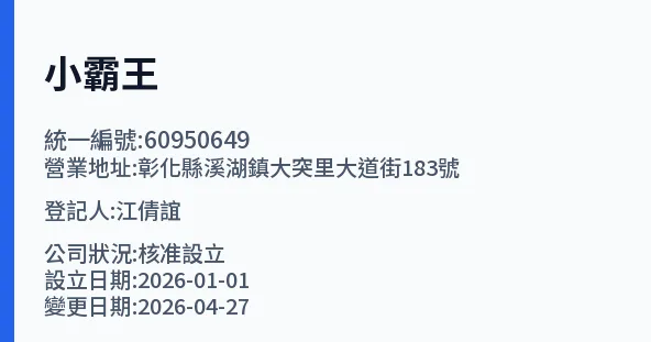 小霸王的照片-統編 60950649(彰化縣) 公司登記資料與營業項目詳細圖表