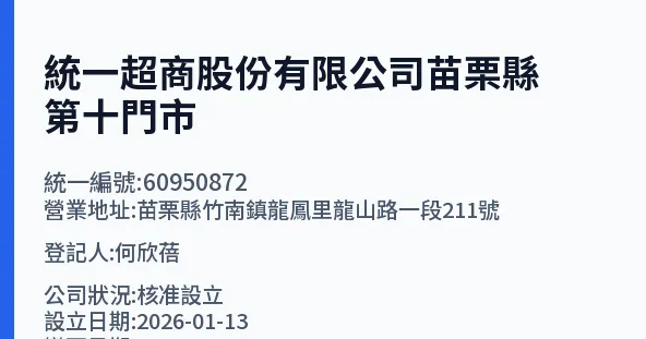統一超商股份有限公司苗栗縣第十門市的照片-統編 60950872(苗栗縣) 公司登記資料與營業項目詳細圖表