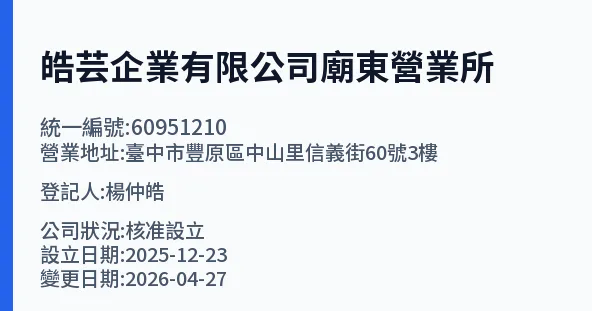 皓芸企業有限公司廟東營業所的照片-統編 60951210(臺中市) 公司登記資料與營業項目詳細圖表