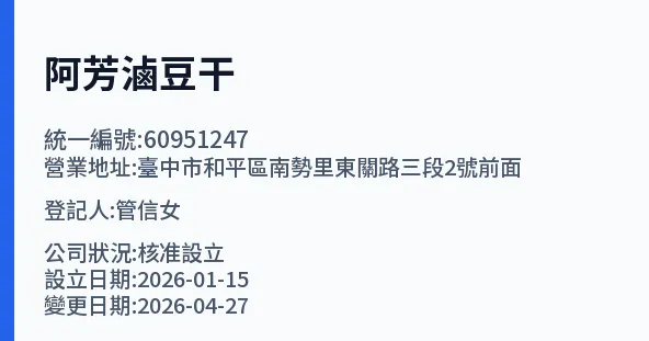 阿芳滷豆干的照片-統編 60951247(臺中市) 公司登記資料與營業項目詳細圖表