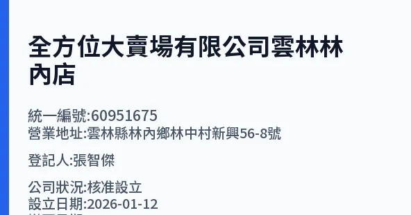 全方位大賣場有限公司雲林林內店的照片-統編 60951675(雲林縣) 公司登記資料與營業項目詳細圖表