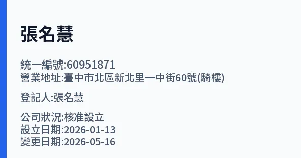 張名慧的照片-統編 60951871(臺中市) 公司登記資料與營業項目詳細圖表