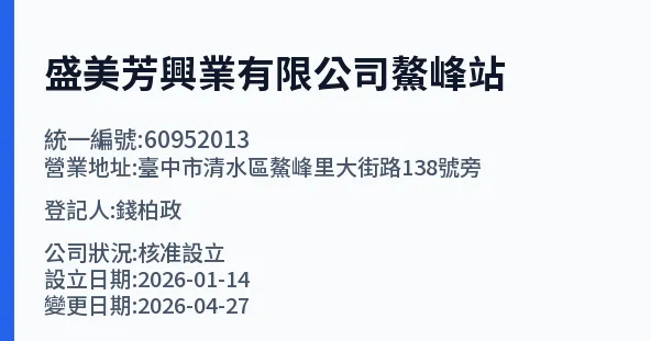 盛美芳興業有限公司鰲峰站的照片-統編 60952013(臺中市) 公司登記資料與營業項目詳細圖表