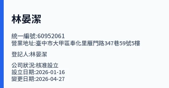 林晏潔的照片-統編 60952061(臺中市) 公司登記資料與營業項目詳細圖表