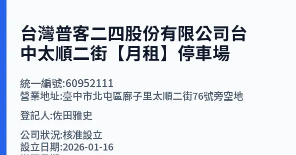 台灣普客二四股份有限公司台中太順二街【月租】停車場的照片-統編 60952111(臺中市) 公司登記資料與營業項目詳細圖表