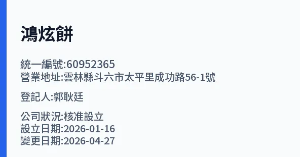 鴻炫餅的照片-統編 60952365(雲林縣) 公司登記資料與營業項目詳細圖表