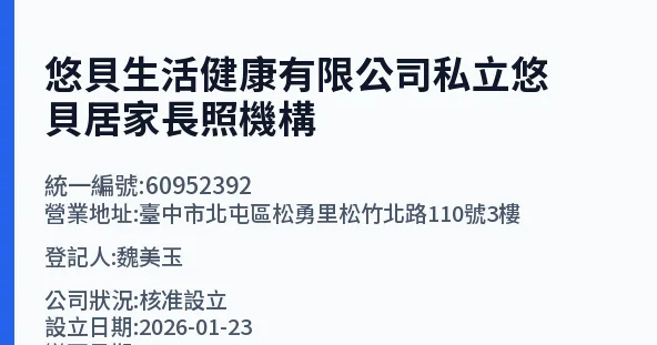 悠貝生活健康有限公司私立悠貝居家長照機構的照片-統編 60952392(臺中市) 公司登記資料與營業項目詳細圖表